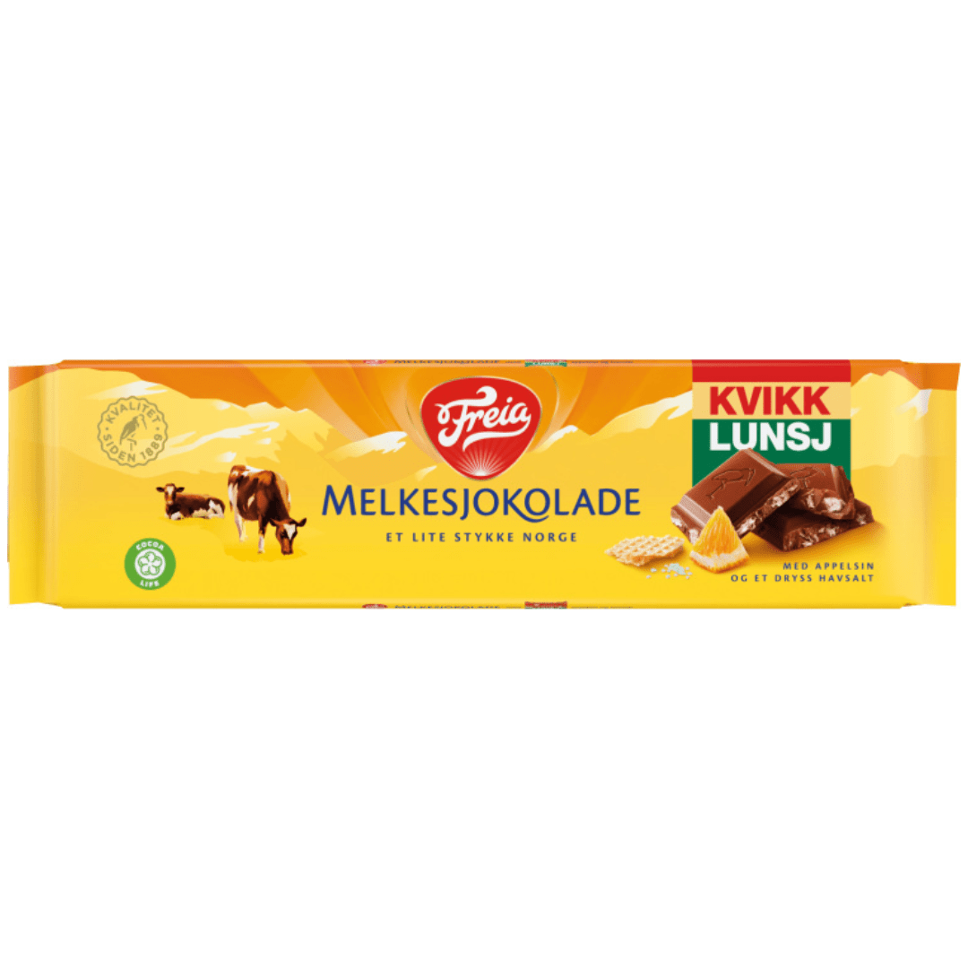 Freia Milk Chocolate with Kvikk Lunsj & Orange 190g – Norwegian Market